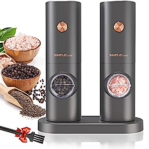 SIMPLETASTE Electric Salt and Pepper Grinder Set, One-Handed, Battery Powered, Adjustable Coarseness, LED Light, Pepper mills with stand, Seasoning Tools for Kitchen, Dining or Gifting