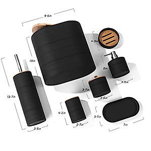 Bamboo Bathroom Accessories Set with Trash Can, Vanity Tray,Tumbler, Qtip Holder, Soap Dispenser, Soap Dish, Toilet Brush,Black