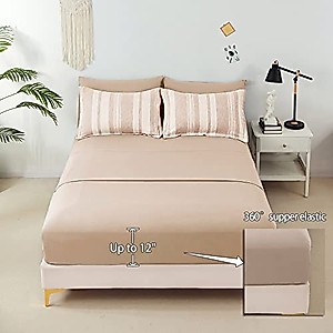 Mybedsoul Khaki Comforter Set Queen Size, Cationic Dyeing Stripes Comforter All Season Bedding Set, Soft Microfiber 7 Pieces Bed in a Bag (2 Pillow Shams, Flat Sheet, Fitted Sheet and 2 Pillowcases)