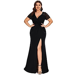 Ever-Pretty Plus Women's Double V-Neck Sequins Pleated Formal Dresses Plus Size Dresses for Curvy Women Black US24