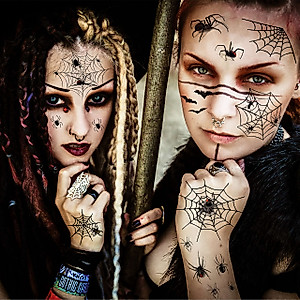 COKTAK 8 Sheets Large 3D Spider Web Temporary Tattoos Halloween Makeup Kit For Women Adults Realistic Witch Bat Zombie Fake Face Tattoos Sticker For Kids Men Adults Scary Halloween Decals Spiderweb