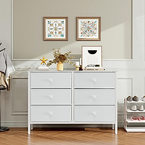 LYNCOHOME White Dresser for Bedroom, 6 Drawer Wooden Dresse, Small Dresser for Bedroom and 50" Tv, Entertainment Center with Metal Frame, Wooden Top,Dressers for Kids, Fabric Dressers for Nursery