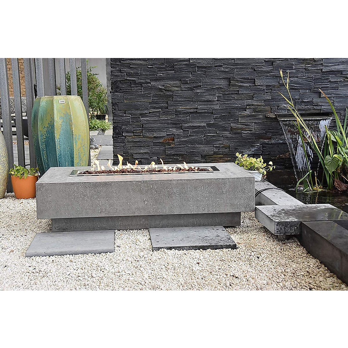 AMS Fireplace | Elementi | Large Rectangular Natural Gas Fire Pit Table | Free Bio-Ethanol Tabletop Lantern | With Canvas Cover, Lava Rocks, and Gas Key Valve | Fuel: Natural Gas, Hampton - Light Grey