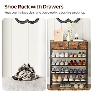 YATINEY 5 Tier Shoe Rack, Large Capacity Shoe Storage Organizer, Metal Shoe Shelf with Drawer and Wooden Top, for 16 Pairs of Shoes, for Entryway, Closet, Rustic Brown and Black SS25BR