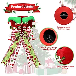 Montekin Christmas Tree Topper Hat with Bow, Red Velvet Top Hat Ornament with Elf Legs and Red & Green Polka Dot Bow, Winter Holidays Xmas Decor for Home Decoration