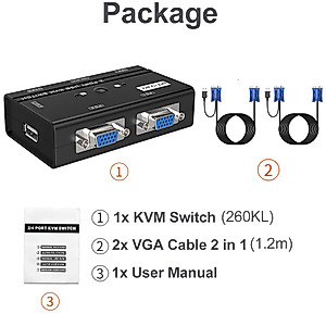 MT-VIKI VGA KVM Switch, 2 Port USB VGA KVM Switch for 2 Computers Share 1 Monitor Keyboard Mouse Printer, 2 KVM Cables