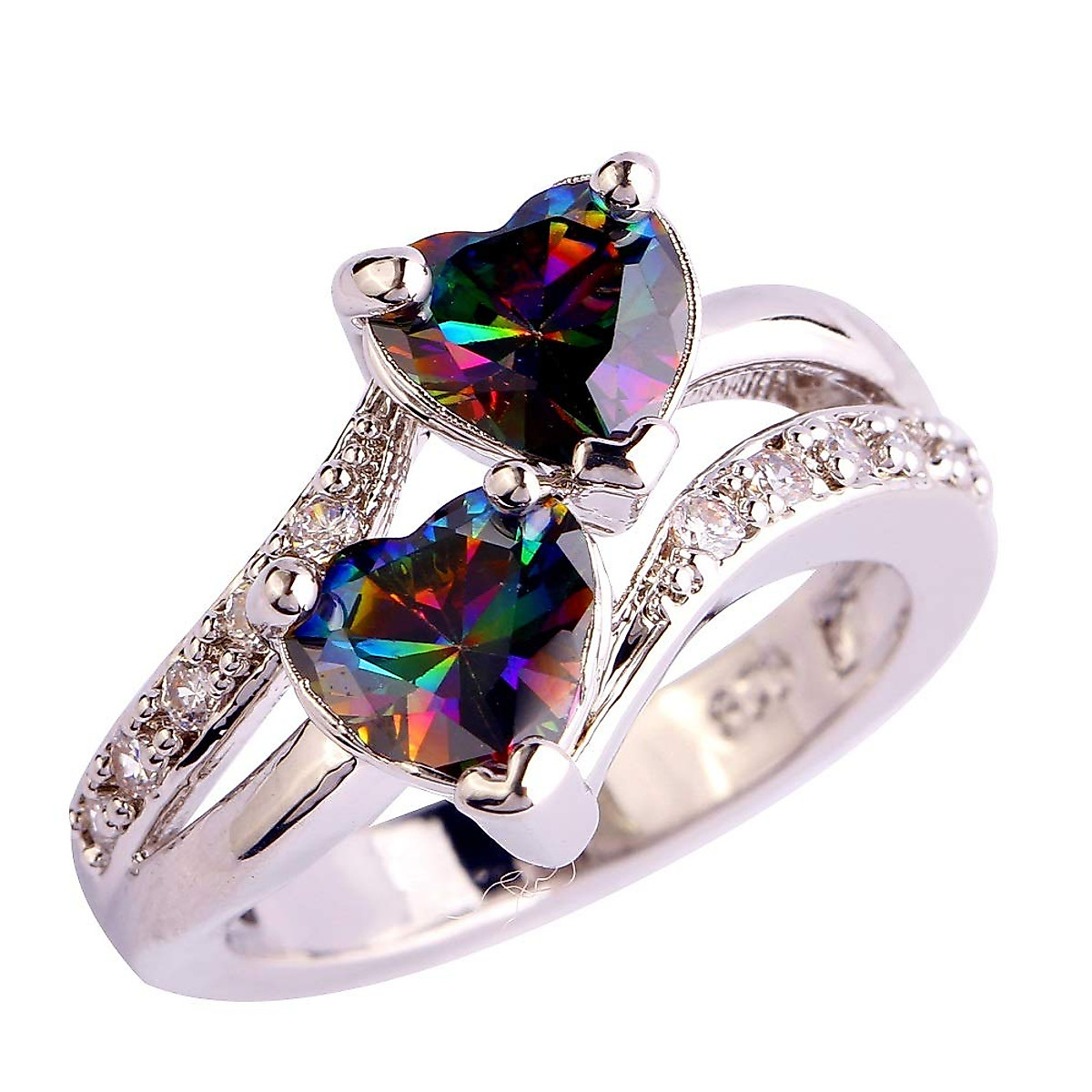 Narica Silver Plated 7x7mm Double Heart Cut Created Rainbow Topaz Cubic Zirconia Filled Halo Wedding Engagement Band Elegant Women's Ring for Mom Bridal Lover Gift 8#