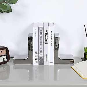 MyGift Metallic Silver Ceramic L-Shape Decorative Bookends Unique Modern Office Desk Book Stand, 1-Pair