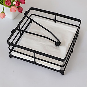 Flat Napkin Holder, Tissue Rack Stand for Kitchen Dining Table, Black Metal Napkin Dispenser with Weighted Arm, Square Tissue Holder for Farmhouse Kitchen Countertops Tables Tissue Storage basket