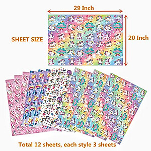 THMORT Unicorn Wrapping Paper For Girls kids, Barbie, Women. Birthday Wrapping Paper Includes 4 Princess Pink Designs Of Rainbow, Star, Diamond, Happy Lovely cute for Holidays Baby Shower Party, glitter shine 12 thick Sheets Folded Flat 20 × 29 Inches