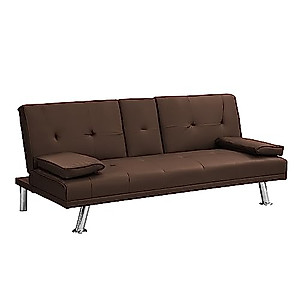 Eafurn Convertible Futon Bed with 2 Cup Holders, Modern Split-Back Folding Loveseat Sleeper w/Adjustable Backrest,Small Sofa & Couches Sofabed, Brown PU
