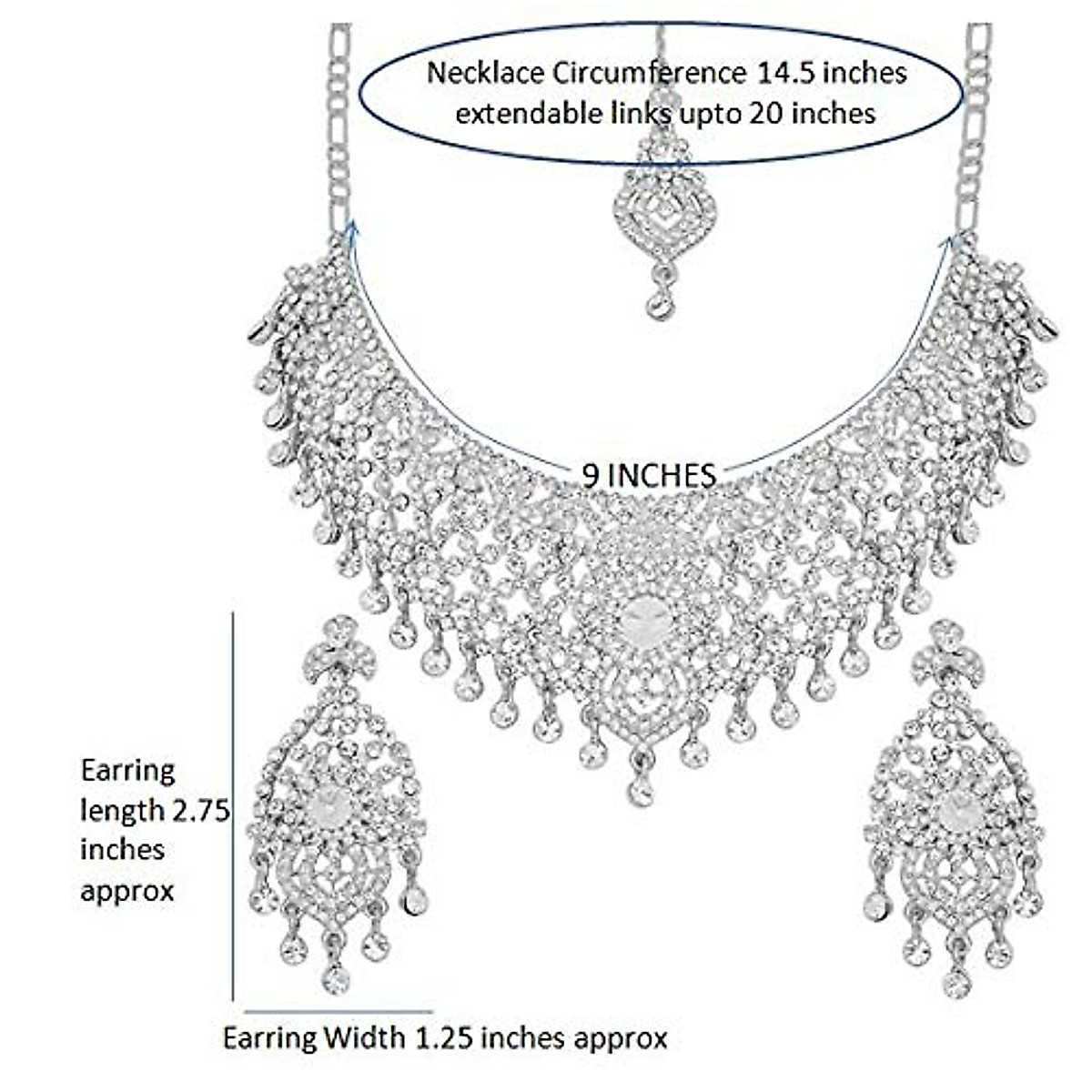 Touchstone Indian Bollywood Masterly Created Sparkling White Rhinestones Studded Look Grand Bridal Jewelry Necklace Earrings Mangtika Set In White Tone For Women.