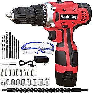 GardenJoy Cordless Power Drill Set: 12V Electric Drill with Battery and Charger, 2 Variable Speed, 24+1 Torque Setting, 3/8-Inch Keyless Chuck, Portable Drill and 30pcs Drill/Driver Bits