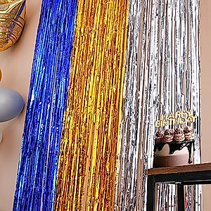 LOLStar 2 Pack Navy Blue Gold and Silver Party Decorations 3.3X6.6 ft Each Foil Fringe Tinsel Curtains Backdrop, Streamers - Perfect for Birthdays, Showers, Retirement， Graduations, Weddings