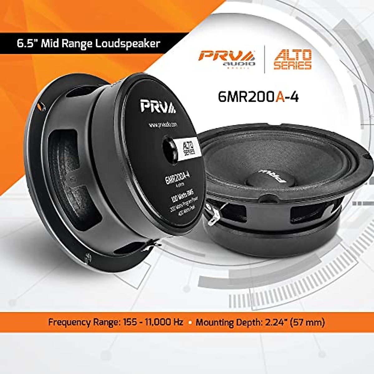 PRV AUDIO 6.5 Inch Shallow Midrange Speaker, 6MR200A-4, 200 Watts Program Power, 4 Ohm Shallow Mount Car Audio Slim Speaker, 1.5 in Voice Coil, 100 Watts RMS, Compact for Doors (Single)