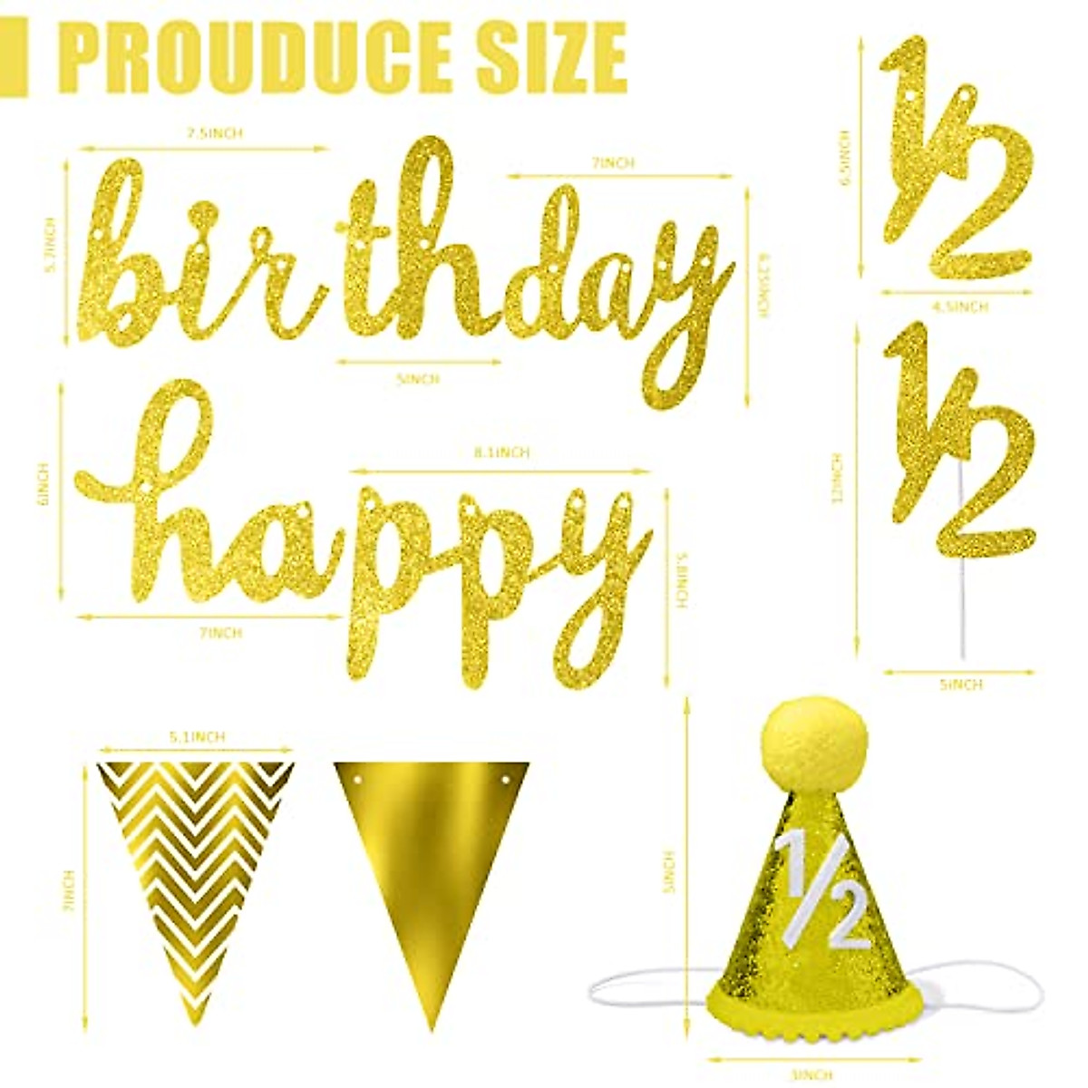LHMTQVK Happy 1/2 Birthday Banner Pre-Strung 6 Months Banner, Half Birthday Banner 1/2 Birthday Crown Hat, 1/2 Half Year Cake Topper- for Baby's 6 Months Birthday Party Decoration Set… (Gold)