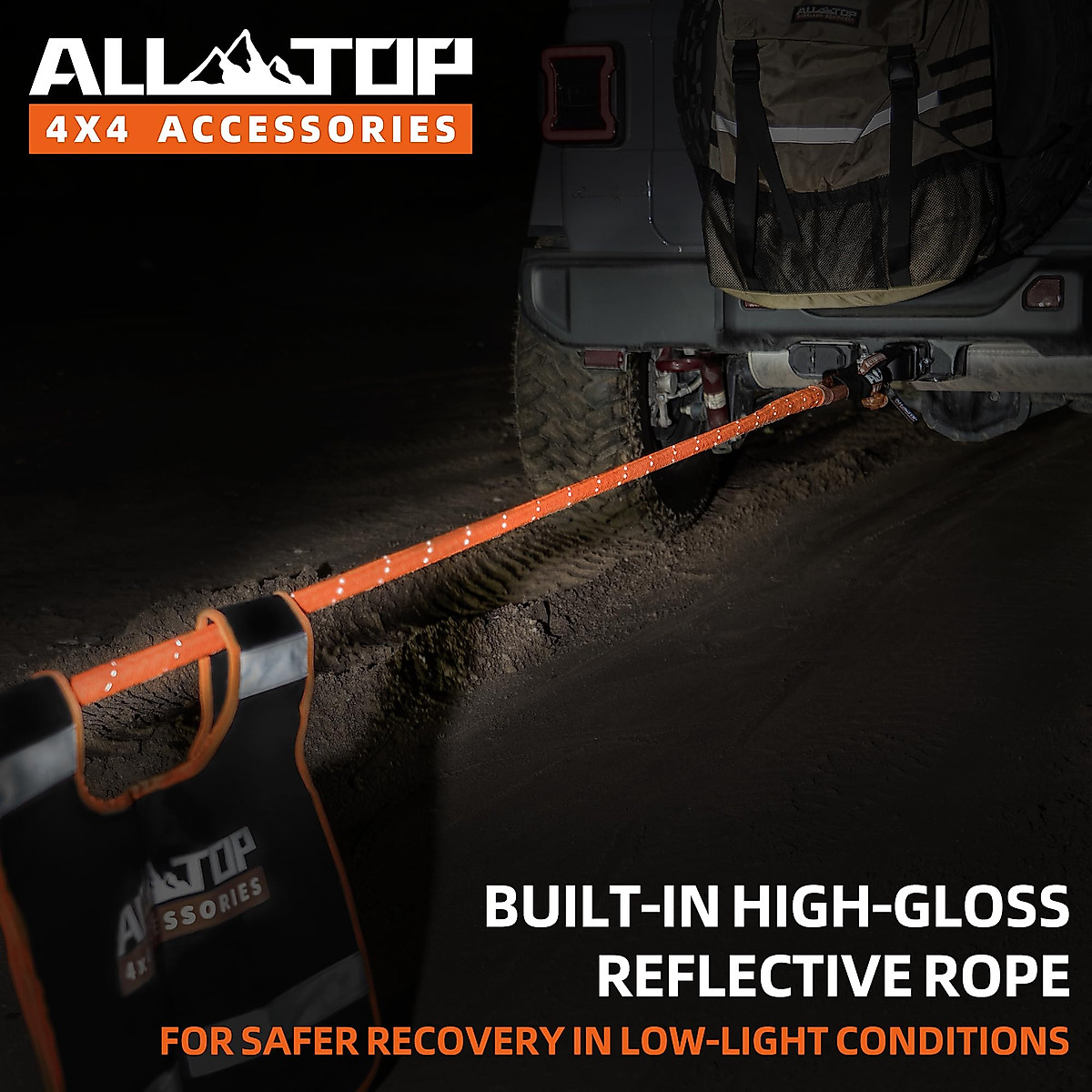ALL-TOP Kinetic Rope Kit (Reflective) w/ 2 Soft Shackles, 48000Lbs, 1in x 30ft, Heavy Duty 30+% Elasticity, 16000Lbs Work Load Limit
