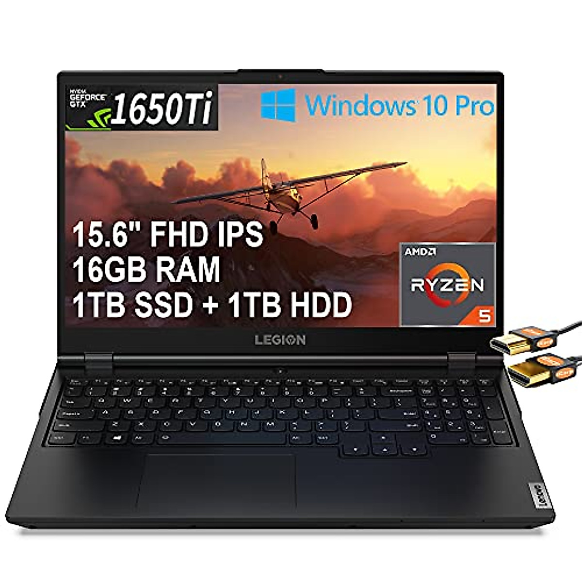 Lenovo Legion 5 Flagship Gaming Laptop 15.6" FHD IPS 120Hz Display AMD 6-Core Ryzen 5 4600H (Beats i7-8750H) 16GB RAM 1TB SSD 1TB HDD GeForce GTX 1650 Ti 4GB Backlit Win10 Pro Black + HDMI Cable
