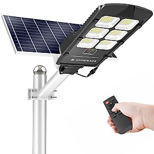 HYPERAZA Solar Street Light, 600W Solar Pole Lights Outdoor Dusk to Dawn Solar Flood Light with Remote Control IP66 6500K, Super Bright Solar Powered Lighting for Garage, Garden, Street