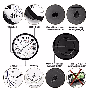 Indoor Outdoor Thermometer Wall Large Numbers Thermometer No Battery 10" Hanging Digital Weather Hygrometers for Home Garden Outside Patio Decor (Black)
