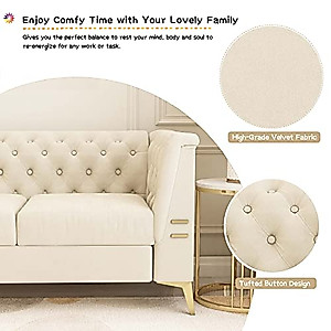 Lunanniu Beige Velvet Couch Sofa, 82" Mid-Century Modern 3 Seater Couches with Flared Arms and Removable Cushions, Upholstered Tufted Chesterfield Velvet Sofa with Gold Legs for Living Room (Beige)