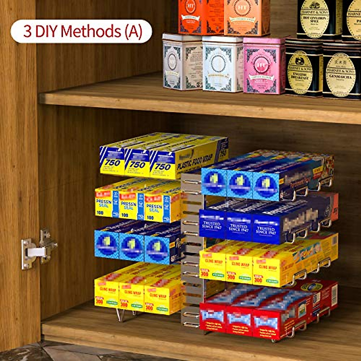 Vdomus Kitchen wrap Organizer Rack, Adjustable Wrap Stand for Kitchen Cabinet Tin foil, Sandwhich Bags, Saran Wrap Kitchen Organizer for Storage, Silver