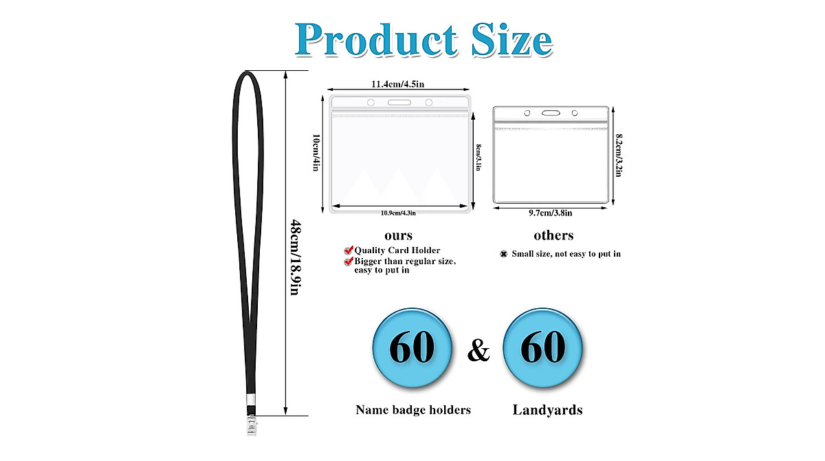 60 Pack Clear Name Tag Holders & Lanyards - Durable & Reusable
