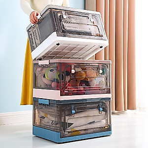 RUNMEIJIA Storage Bins，Clear Plastic Folding Storage Box with Lid with Wheels Stackable Plastic Box, For Home, Dorm and Office Organization, Fabric Toys Books Snacks Bottles (50 Quarts, White)