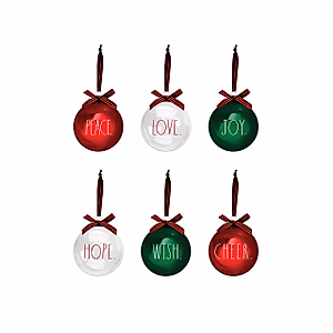 Rae Dunn Christmas Ornaments - Set of 6 Glass Balls - Red, Green, Clear - Peace, Love, Joy, Hope, Wish, Nice - 60mm / 2.36 Inch Hanging Holiday Decorations for Xmas Tree