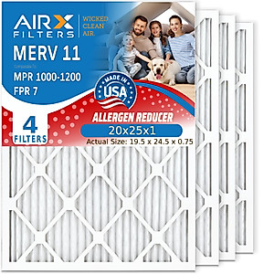 AIRX FILTERS WICKED CLEAN AIR. 20x25x1 Air Filter MERV 11 Electrostatic Pleated Air Conditioner Filter 4 Pack HVAC AC Furnace Filters