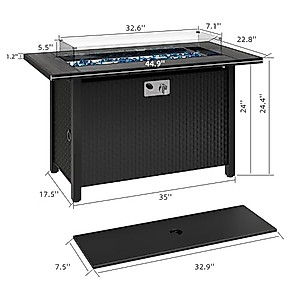 Shintenchi 45 Inch Propane Fire Pit Table with Glass Window Protector, Outdoor 50,000 BTU Steel Gas Fire Pit with Lid, Glass Crystal Stone, Waterproof Cover and Rattan Pattern for Patio, Yard, Party