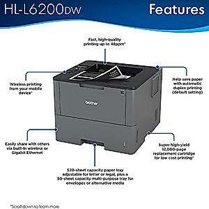 Brother HL-L6200DW Wireless Monochrome Single-Function Laser Printer - Print only - 48 ppm, 1200 x 1200 dpi, Auto Duplex Printing, 8.5" x 14", 256MB Memory, 520 Sheet, Ethernet
