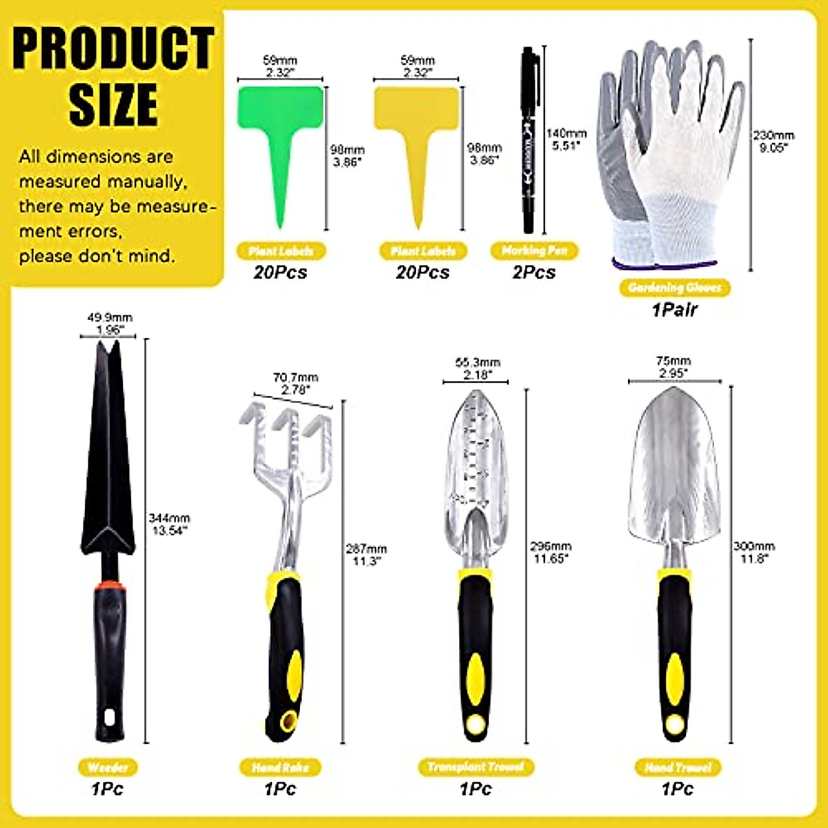 Mardatt 47Pcs Heavy Duty Garden Tools and Gardening Accessories Kit with Gloves, Trowel, Rake, Transplanter,T-Type Plant Tags, Gardening Hand Tools for Digging, Weeding, Loosening, Transplanting