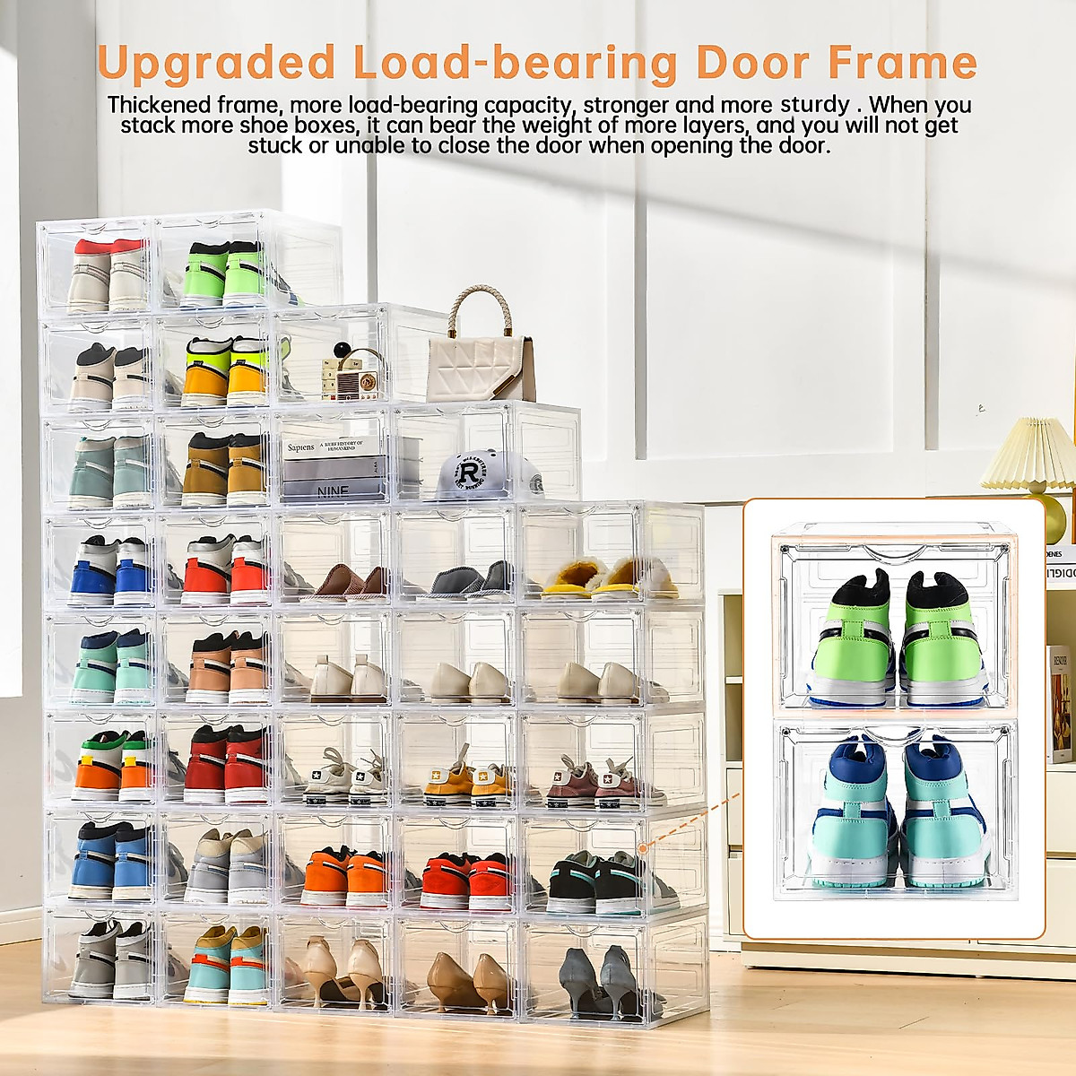 Clemate Upgraded X-Large Shoe Organizer,Shoe Storage Organizer,12 Pack,Shoe Box Clear Plastic Stackable,Drop Front Shoe Box with Clear Door, Shoe Containers For Sneaker Display,Fit up to US Size12