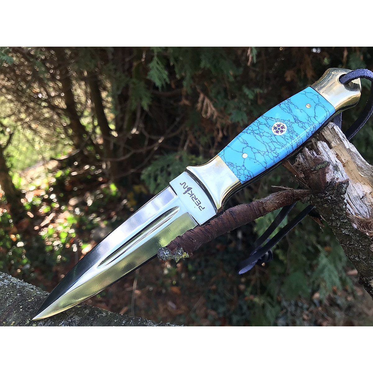 Perkin | 8.5 Inch Fixed Blade Hunting Knife | Throwing Knife, Turquoise Handle | Leather Sheath
