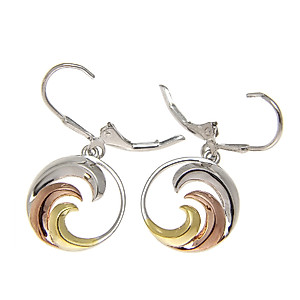 Yellow Rose Gold Plated tricolor on 925 sterling silver Hawaiian 15mm ocean wave leverback dangle earrings