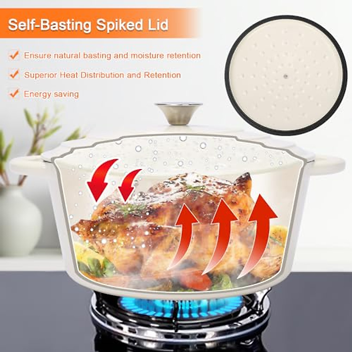 Uniflasy Cast Iron Dutch Oven Pot with Lid, 6 Quart Enameled Cast Iron Dutch Oven with Big Dual Handles, Stock Pot, Bread Oven for Sourdough Bread Baking, Pot Oven for Versatile Cooking, White