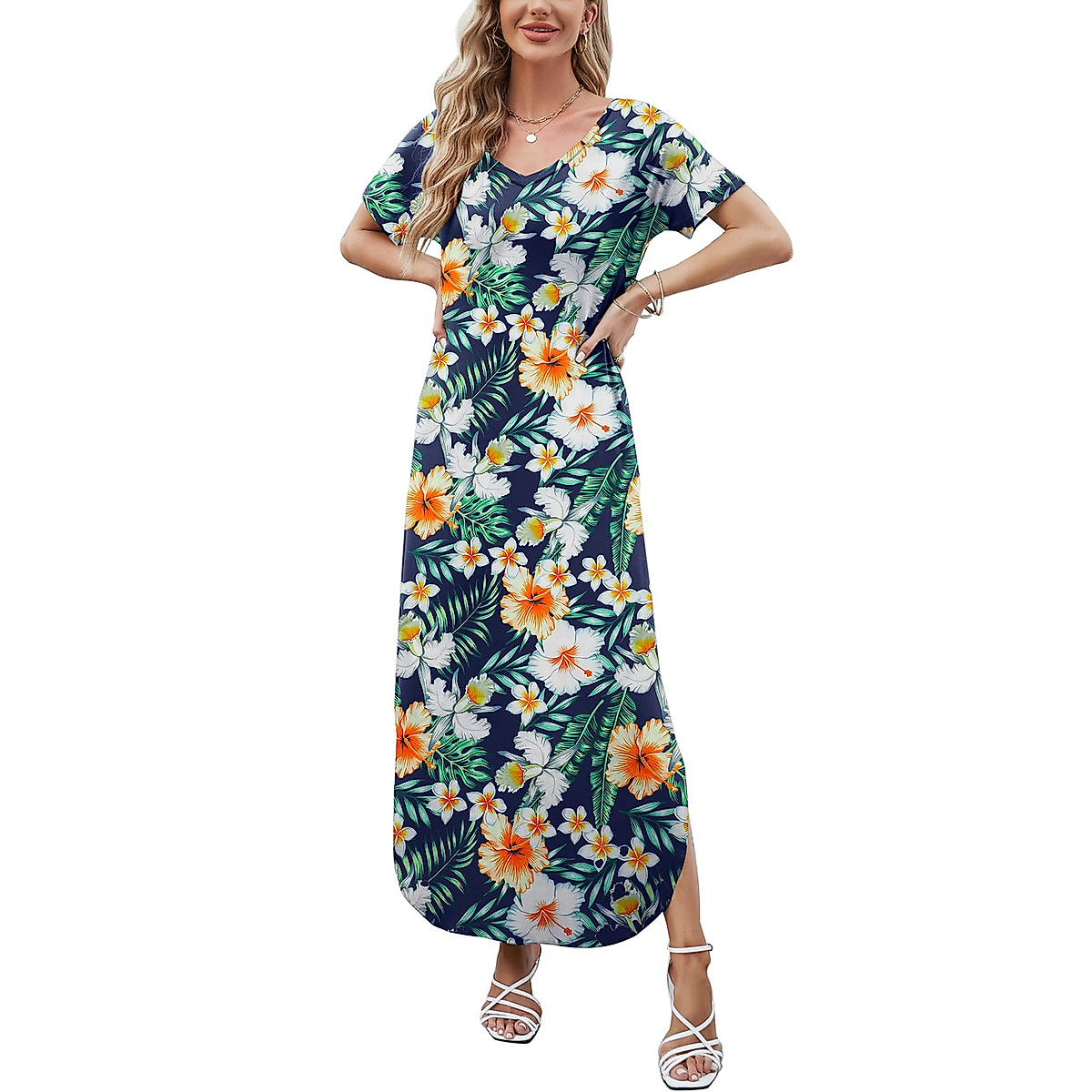 HUSKARY Sun Dresses for Women 2025 Vacation Summer Beach Vacation Flowy Derss Floral Print Boho Dresses with Pockets 2025 Boho Navy XX-Large
