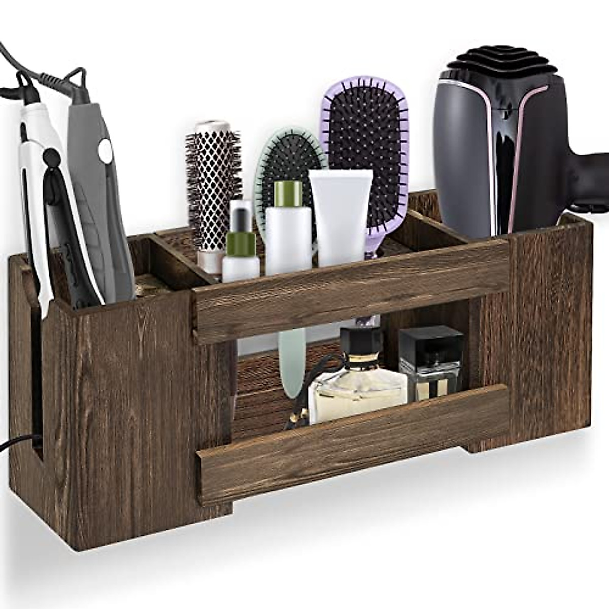 Wood Hair Tool Organizer, Hair Dryer Holder Wall Mount Hair Styling Product Care Tools Organizers Storage, Bathroom Vanity Countertop Blow Storage Stand for Flat Irons, Hot Curling Wand