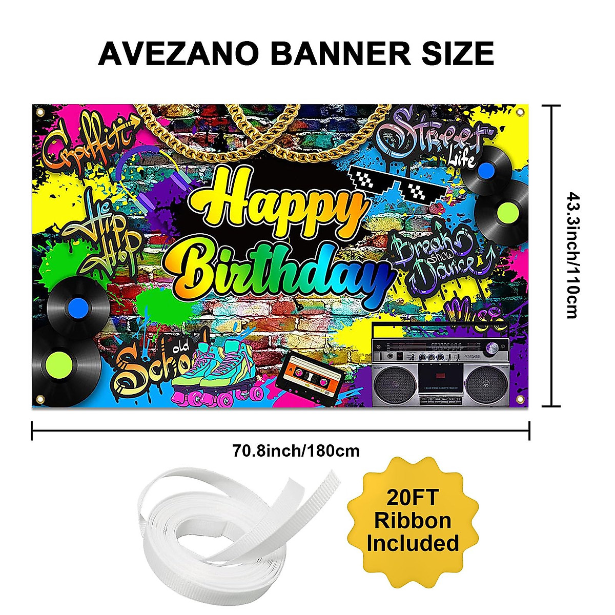 Avezano Hip Hop Birthday Party Backdrop Throwback Retro Birthday Banner Decor Graffiti 80's 90's Birthday Party Background (70.8x43.3inch)
