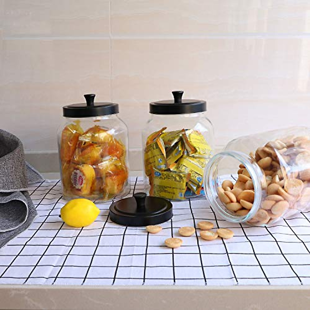 Glass Jars With Sealed Lids,Clear Glass Food Storage Container with Black Brushed Metal lids,100 OZ(Set of 3)