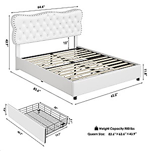 HOSTACK Bed Frame with 4 Storage Drawers, Upholstered Platform Bed Frame with Button Tufted Headboard, Heavy Duty Mattress Foundation with Wooden Slats, No Box Spring Needed (White, Queen)