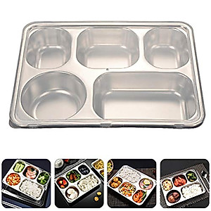 DOITOOL Stainless Steel Divided Plate for Adults or Kids, Rectangular 5 Sections Divided Tray for Serving Food (with Lids)