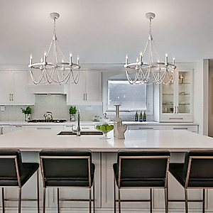 28 Inch White Beaded Chandelier Bohemian Style, 6-Light Retro Wood Country Chandelier, Farmhouse Chandeliers for Dining Room, (Bulb Not Included)