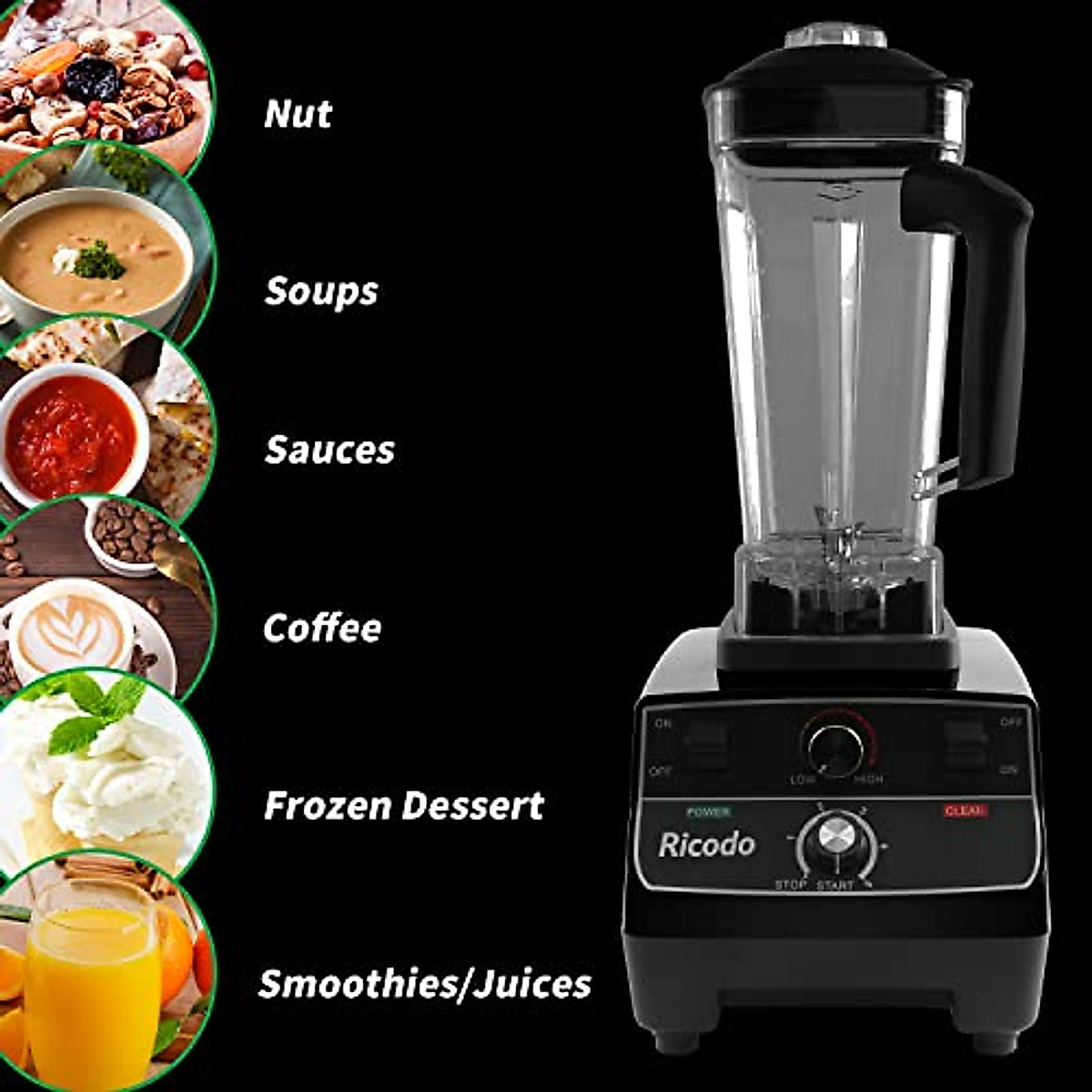 Ricodo Professional Blender for Kitchen, Countertop Blender 1800W with Timer Control and 2L Tritan Container, Blender for Shakes and Smoothies, Crushing Ice, Frozen Fruit (Black)