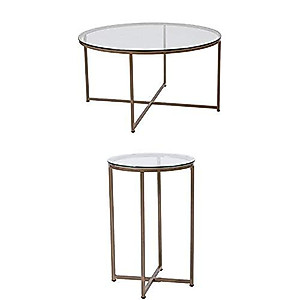 Flash Furniture Greenwich Collection 3 Piece Coffee and End Table Set with Glass Tops and Matte Gold Frames