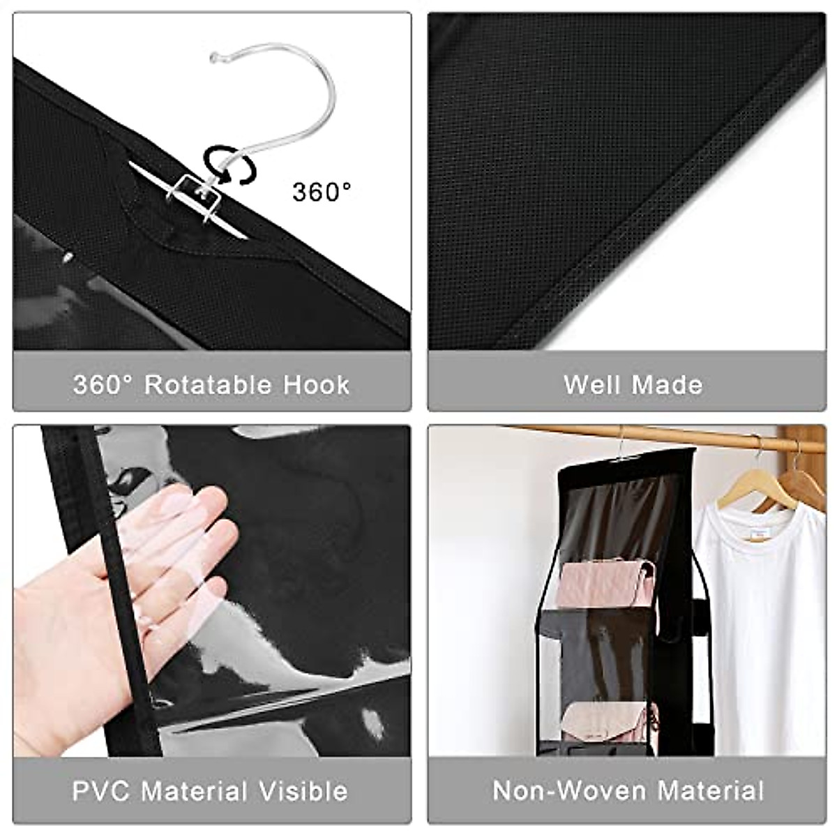 Geboor Hanging Handbag Organizer Dust-Proof Storage Holder Bag Wardrobe Closet for Purse Clutch with 6 Larger Pockets Black(1Pcs)