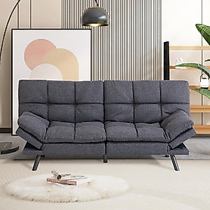 Hcore Bed, Linen Futon Couch with Armrests Sofas, Natural Grey