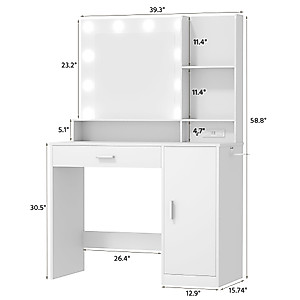 Furmax Vanity Desk with Lighted Mirror 3 Modes & Power Outlets, Makeup Vanity Table with Drawers, Cabinet and Open Shelves, for Bedroom & Dressing Room (White)