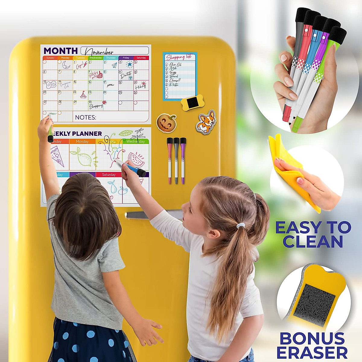 Magnetic Dry Erase Whiteboard Calendar for Fridge Set of 3 - Includes: Monthly, Weekly & Daily Calendar Whiteboard, Grocery List, 5 Markers & Eraser - Perfect Calendar to Get Organized Every Day